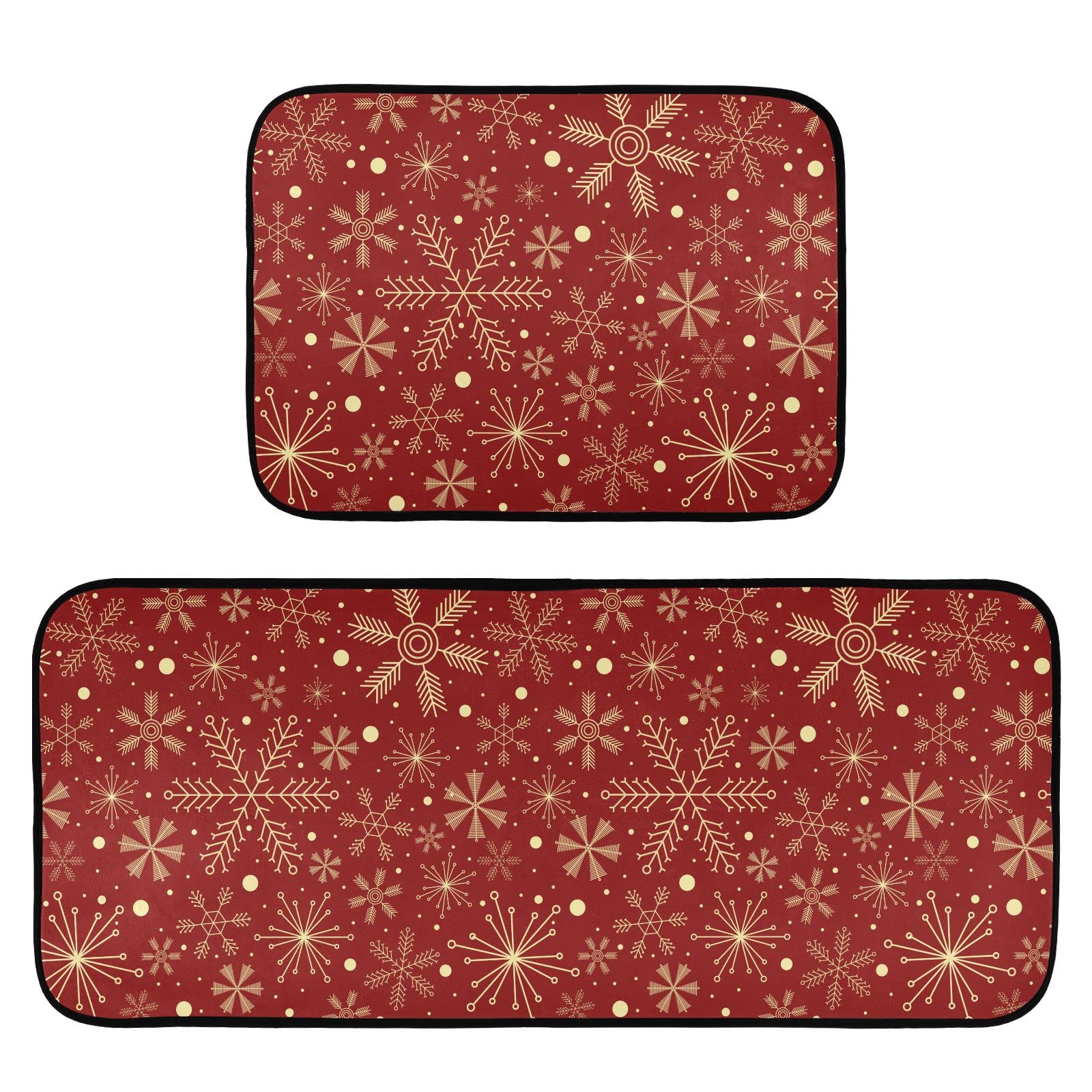 Pfrewn Red Golden Snowflakes Kitchen Rug and Mat Set of 2 Anti Fatigue Non Slip Washable Winter Christmas Glitter Snow Runner Rugs Floor Mats for X-mas Holiday Kitchen Laundry Room Home Decor