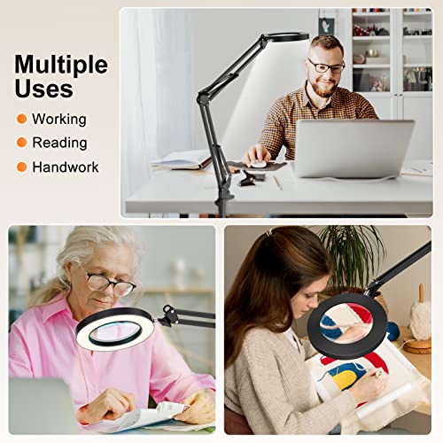 Magnifying Glass with Light, 5X Magnifying Lamp with Clamp,Lighted Magnifier Hands Free, Dimmable Magnifying Work Light for Hobby Crafts (Black)