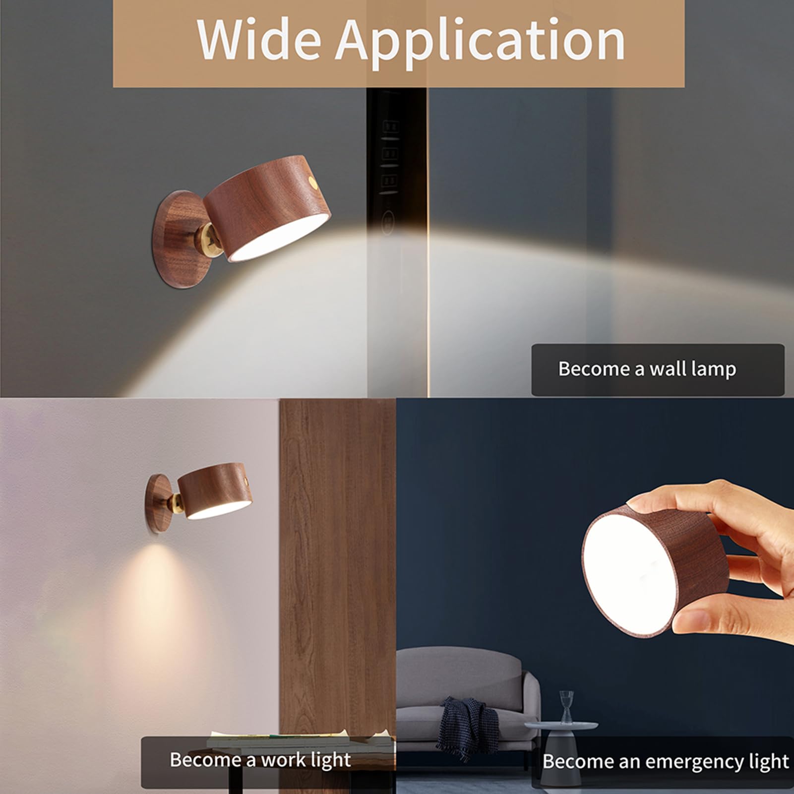 Leapair Wooden LED Wall Sconce, Wall Mounted Lamp,Wooden Night Light with Rechargeable Battery Operated 360°Rotate Magnetic Ball, Cordless Wall Light for Reading