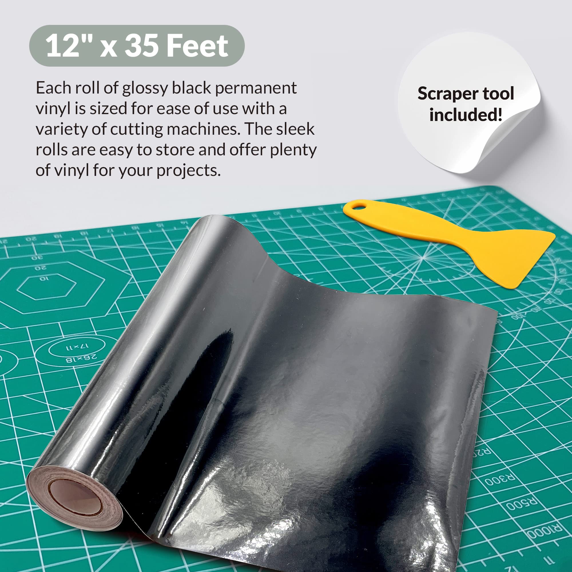 Reli. Black Permanent Vinyl | 12" x 35 FT Roll (Glossy) | Scraper Tool Included | Adhesive Vinyl Compatible w/Cricut & Silhouette Cutting Machines | Vinyl Roll for Signs, Tumblers, Mugs, Cars & More