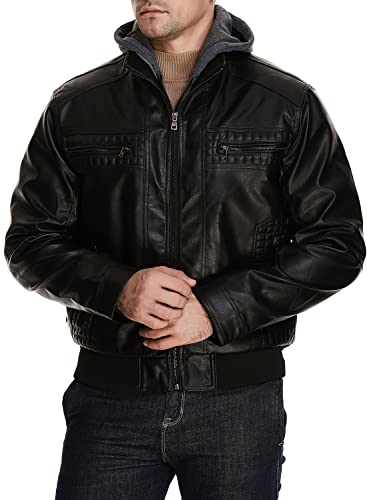 HOOD CREW Men Faux Leather Jacket with Detachable Hood Casual Motorcycle Bomber Jackets Outerwear Black XXL