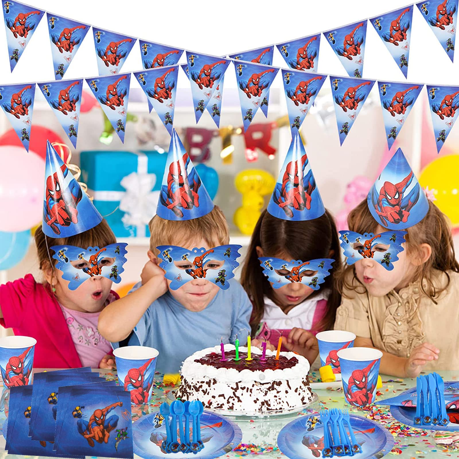 JinkySier 78pcs Spiderman Birthday Party Supplies Set, Spiderman tableware, Include dinner plates, knives and forks, cartoon spider napkin, for atmosphere decorations of various themed parties
