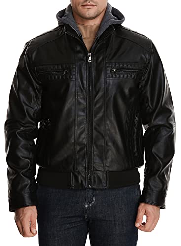 HOOD CREW Men Faux Leather Jacket with Detachable Hood Casual Motorcycle Bomber Jackets Outerwear Black XXL