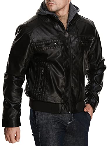 HOOD CREW Men Faux Leather Jacket with Detachable Hood Casual Motorcycle Bomber Jackets Outerwear Black XXL