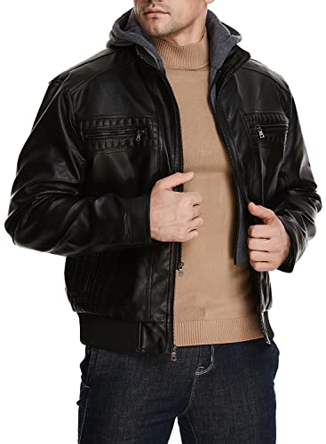 HOOD CREW Men Faux Leather Jacket with Detachable Hood Casual Motorcycle Bomber Jackets Outerwear Black XXL