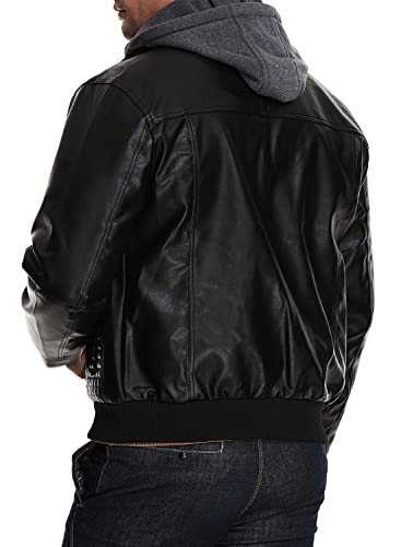HOOD CREW Men Faux Leather Jacket with Detachable Hood Casual Motorcycle Bomber Jackets Outerwear Black XXL