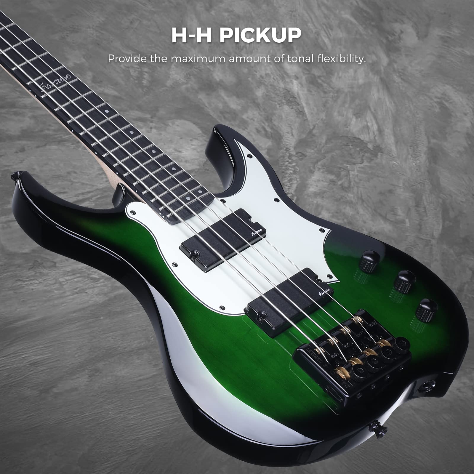 Asmuse Headless Electric Bass Guitar, Full Size Electric Bass Guitar Kit, HH Pickup Solid Body Electric Bass Guitar, Guitar Beginner Set with Gig Bag and Accessories (Green)