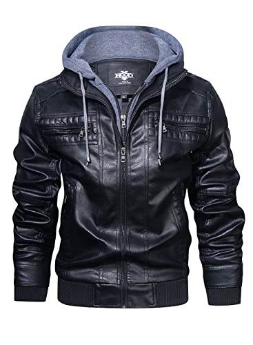 HOOD CREW Men Faux Leather Jacket with Detachable Hood Casual Motorcycle Bomber Jackets Outerwear Black XXL