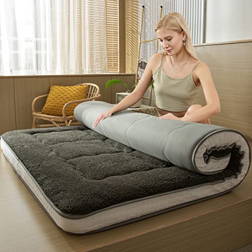 HIGOGOGO Japanese Floor Mattress for Adults, 4" Thick Sherpa Fleece Futon Mattress for Floor, Roll Up Sleeping Pads, Portable Folding Foam Floor Bed Tatami Mat, Shikibuton for Guest, Dark Grey, Queen