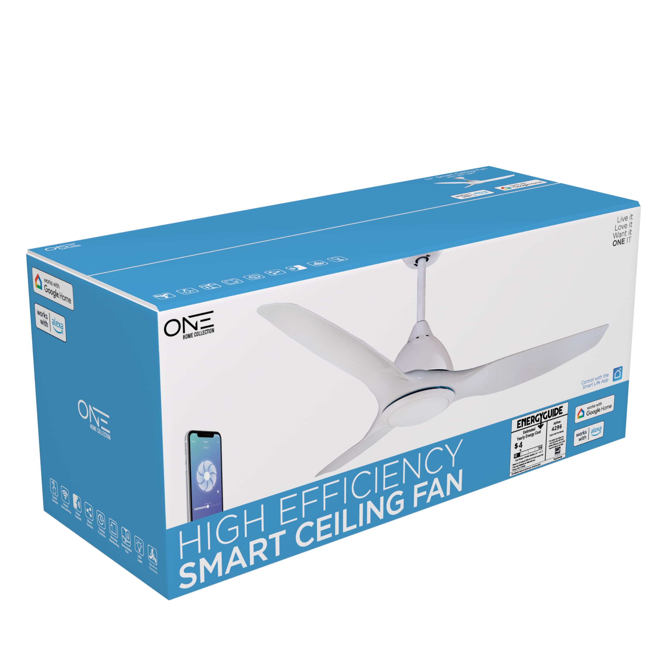 Promounts Modern All Seasons 52" Smart Ceiling Fan with Reverse Airflow, Led Lights, 3 Blades, 3 Color Temperatures, 6 Speeds, Voice App Control Compatible with Alexa/Google for Office and Home