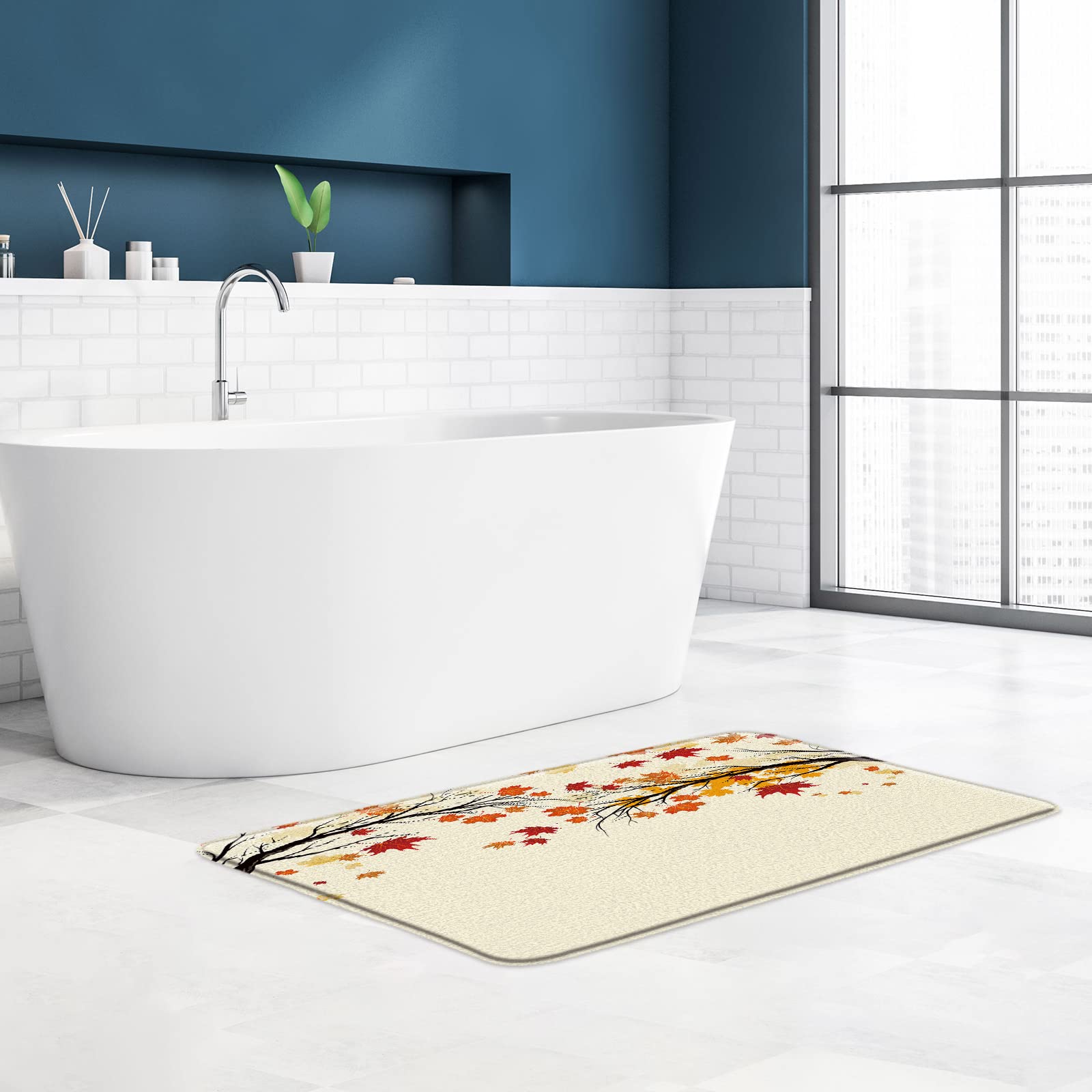 BBIOKD Maple Leaf Bath Mat Autumn Maple Tree Leaves Fall Season Woods Fire Red Gold Orange Foliage Thanksgiving Bathroom Rug Bedroom Decor Kitchen Toilet Office Door Rugs Soft Memory Foam