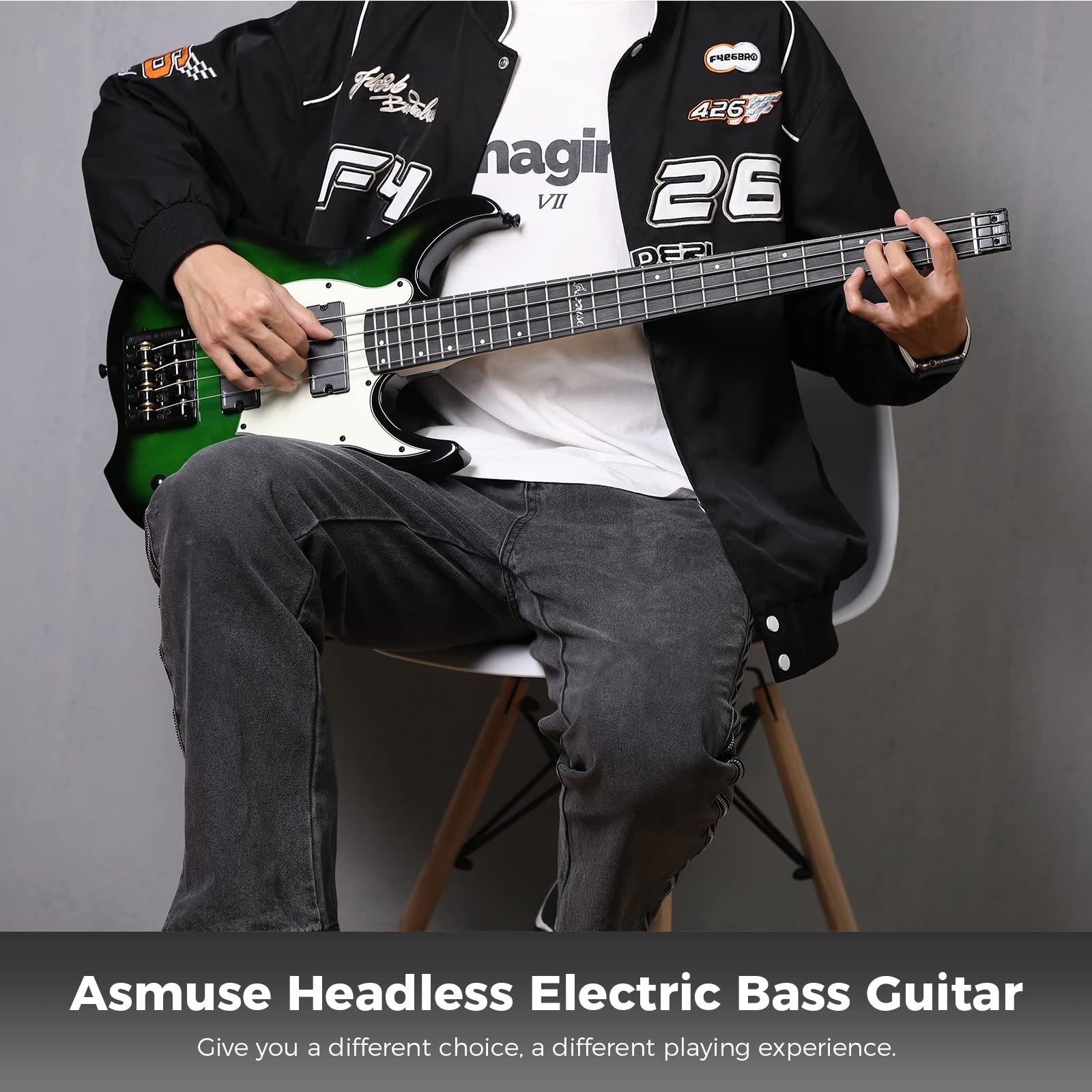 Asmuse Headless Electric Bass Guitar, Full Size Electric Bass Guitar Kit, HH Pickup Solid Body Electric Bass Guitar, Guitar Beginner Set with Gig Bag and Accessories (Green)