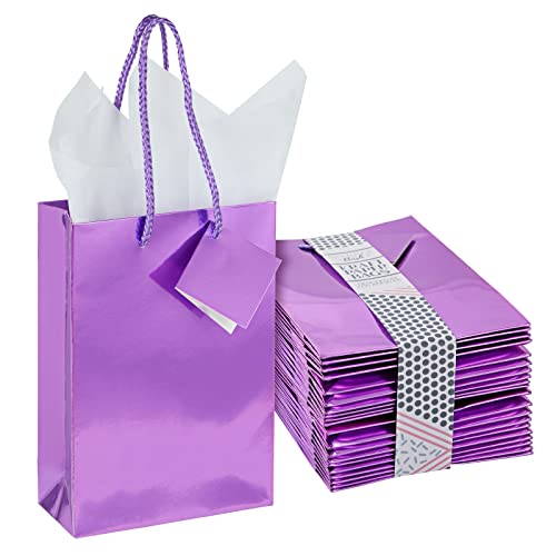20 Pack Small Metallic Purple Gift Bags with Handles, White Tissue Paper and Tags for Small Business (8 x 5.5 x 2.5 In)