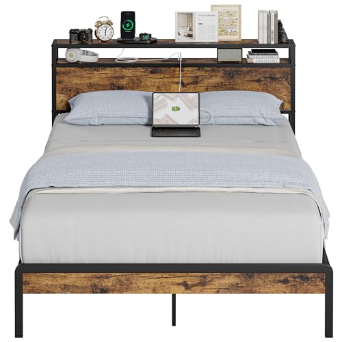 IRONCK Bed Frame,Platform Bed with 2-Tier Storage Headboard and Power Outlets, USB Ports Charging Station, Sturdy and No Noise, No Box Spring Needed, Easy Assembly, Full Size, Vintage Brown