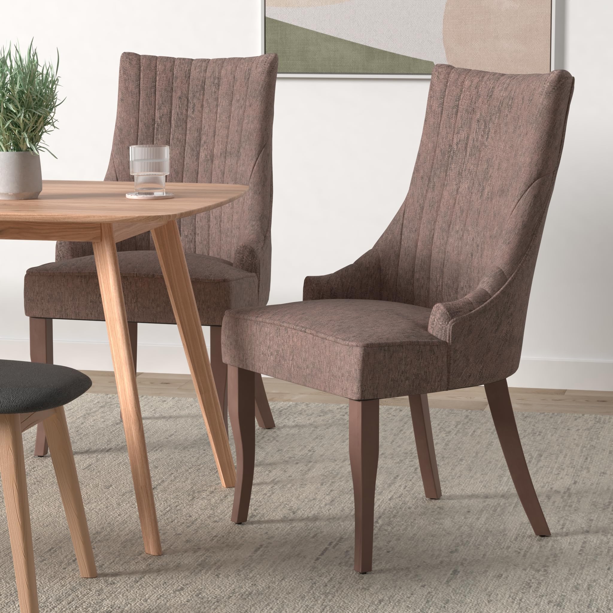 mikibama Linen Dining Chairs Set of 2 Channel Tufted Kitchen Dinner Chair Comfy Fabric Upholstered Accent Chair for Dining Room with Solid Wood Legs (Brown)