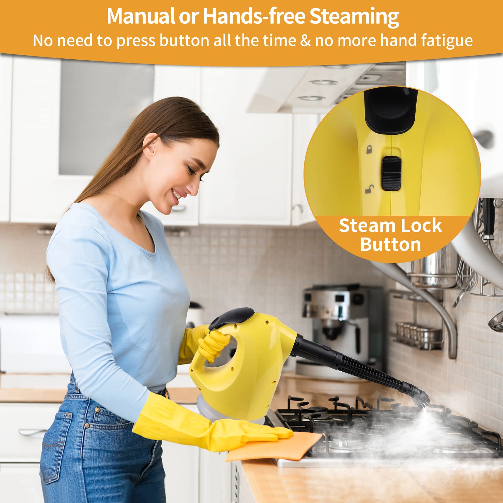 Handheld Steam Cleaner for Home Use, Fast Heating, Portable and Lightweight, with Lock Button and Full Accessory Set, Pressurized Hand Held Steamer for Cleaning Car, Tile Grout, Upholstery, Furniture
