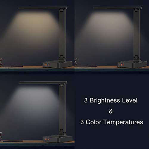 cozoo LED Desk Lamp with 3 USB Charging Ports and 2 AC Outlets,3 Color Temperatures & 3 Brightness Levels, Touch/Memory/Timer Function,10W Eye Protection Foldable Reading Light,Study Lamp for College