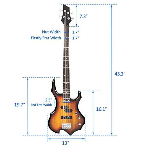 Ktaxon Electric Bass Guitar Burning Fire Style Bass Set with Portable Bass Bag, Adjustable Guitar Strap, Amp Wire, Wrench Tool, Plectrum(Brown)