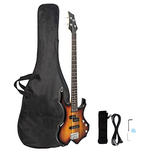 Ktaxon Electric Bass Guitar Burning Fire Style Bass Set with Portable Bass Bag, Adjustable Guitar Strap, Amp Wire, Wrench Tool, Plectrum(Brown)