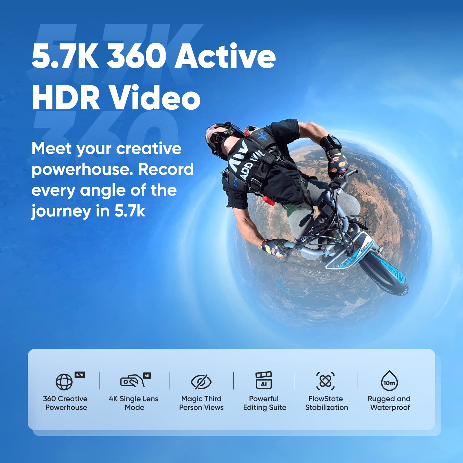 Insta360 X3 Motorcycle Kit- Waterproof 360 Action Camera with 1/2" 48MP Sensors, 5.7K Active HDR Video, 72MP 360 Photo, 4K Single-Lens, 60fps Me Mode, Stabilization, 2.29" Touchscreen, AI Editing