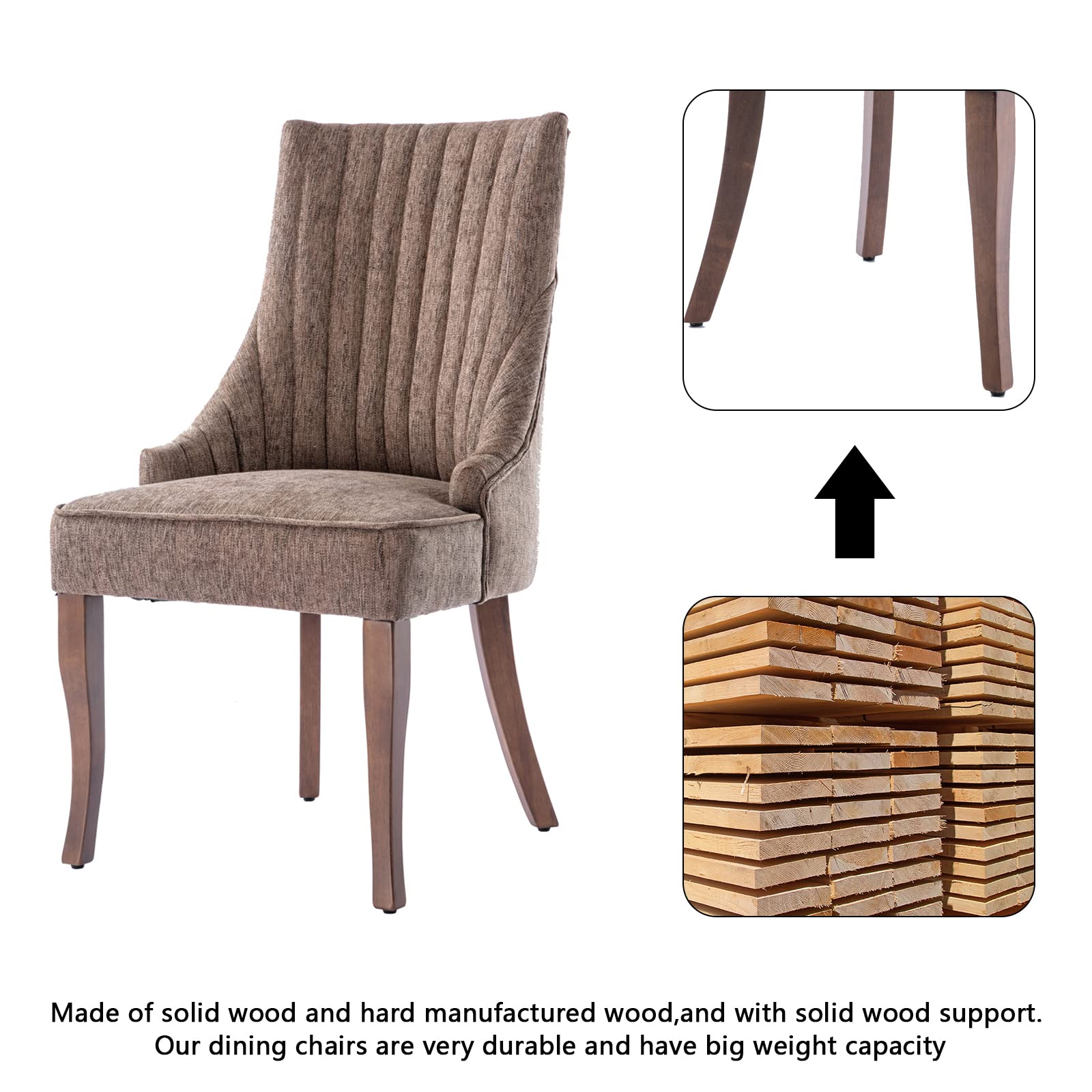 mikibama Linen Dining Chairs Set of 2 Channel Tufted Kitchen Dinner Chair Comfy Fabric Upholstered Accent Chair for Dining Room with Solid Wood Legs (Brown)