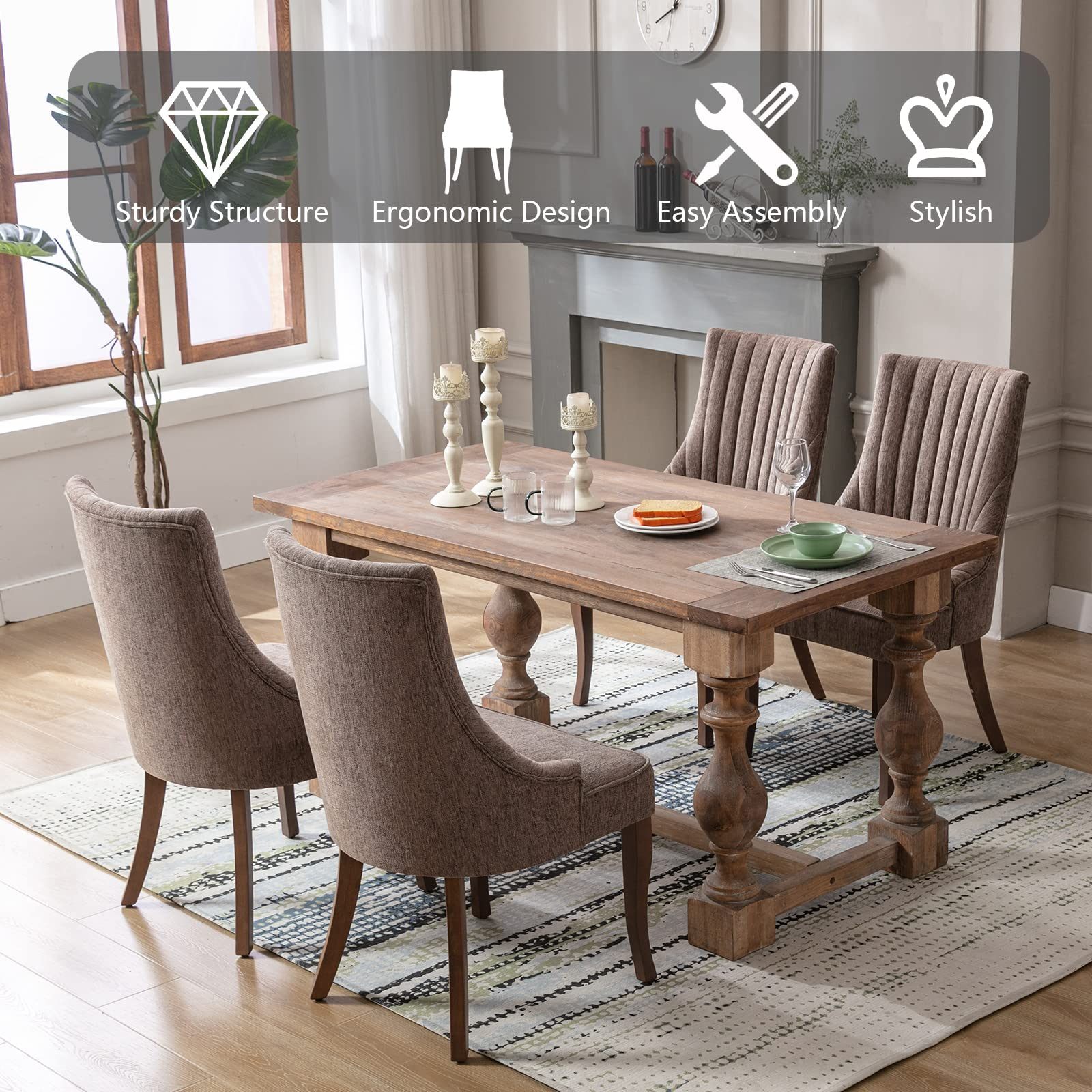 mikibama Linen Dining Chairs Set of 2 Channel Tufted Kitchen Dinner Chair Comfy Fabric Upholstered Accent Chair for Dining Room with Solid Wood Legs (Brown)