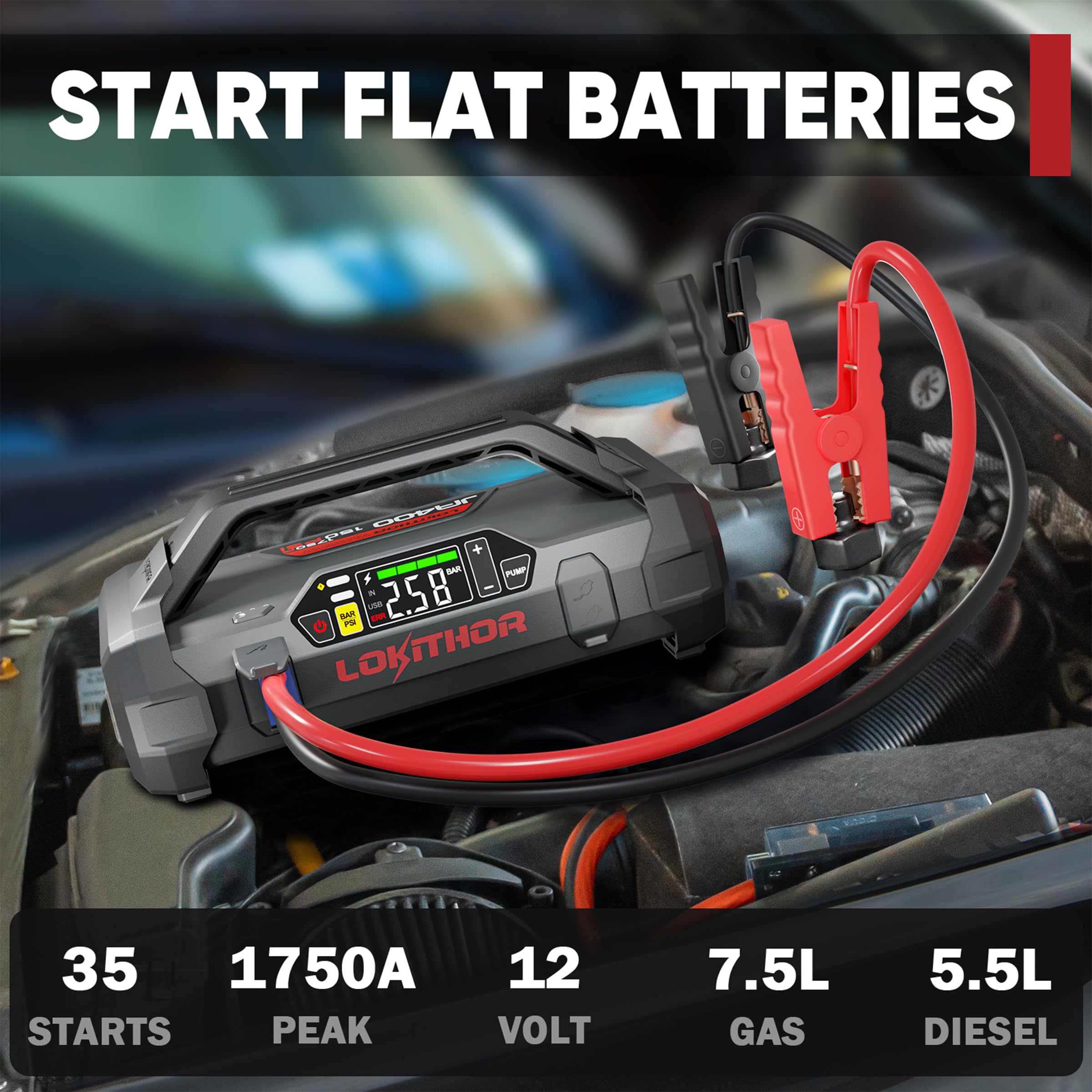 LOKITHOR JA400 1750A 12V Jump Starter with Air Compressor, 60W Two-Way Fast Charing, Lithium Car Battery Starter with 150PSI Digital Tire Inflator, Booster Pack for 7.5L Gas or 5.5L Diesel Engines