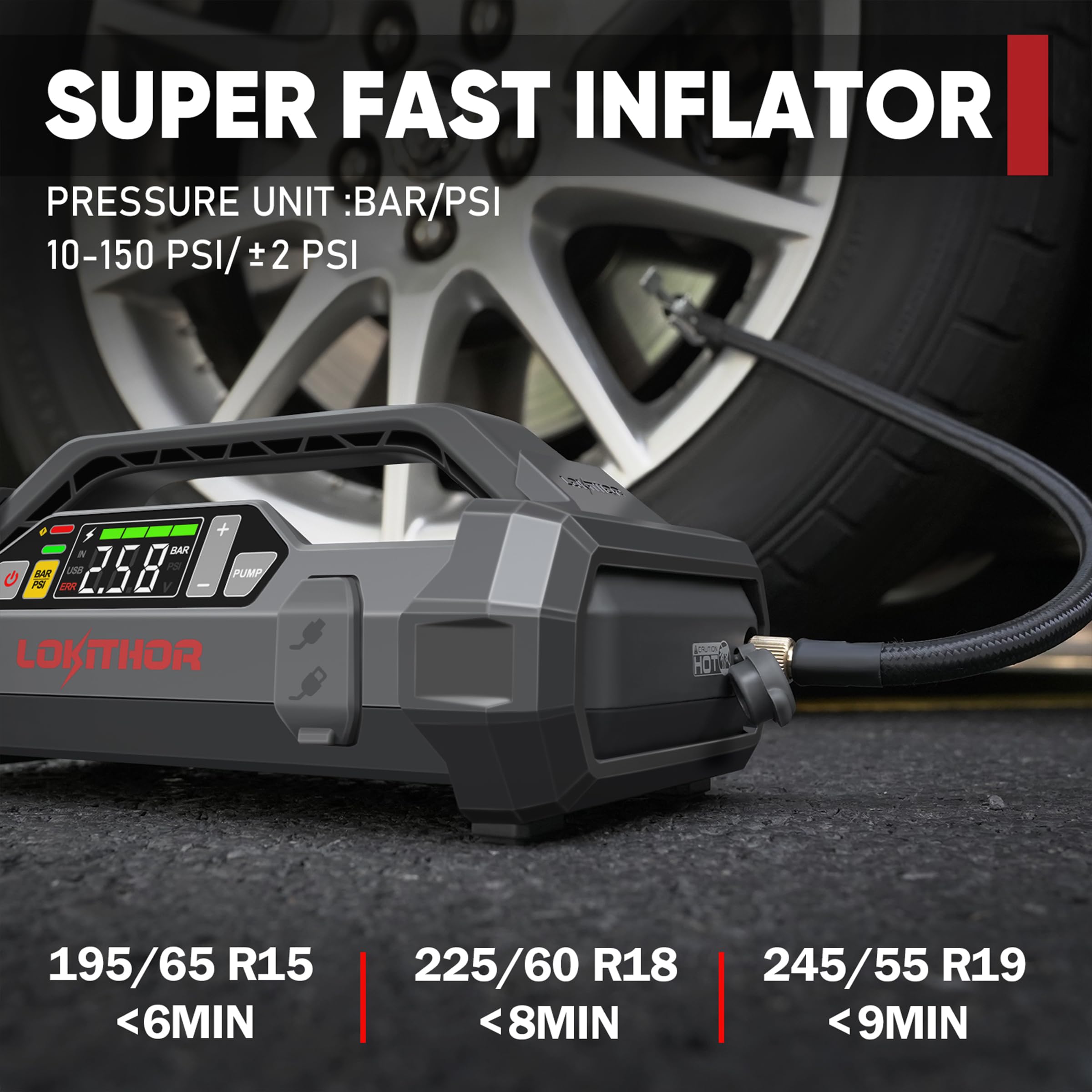 LOKITHOR JA400 1750A 12V Jump Starter with Air Compressor, 60W Two-Way Fast Charing, Lithium Car Battery Starter with 150PSI Digital Tire Inflator, Booster Pack for 7.5L Gas or 5.5L Diesel Engines