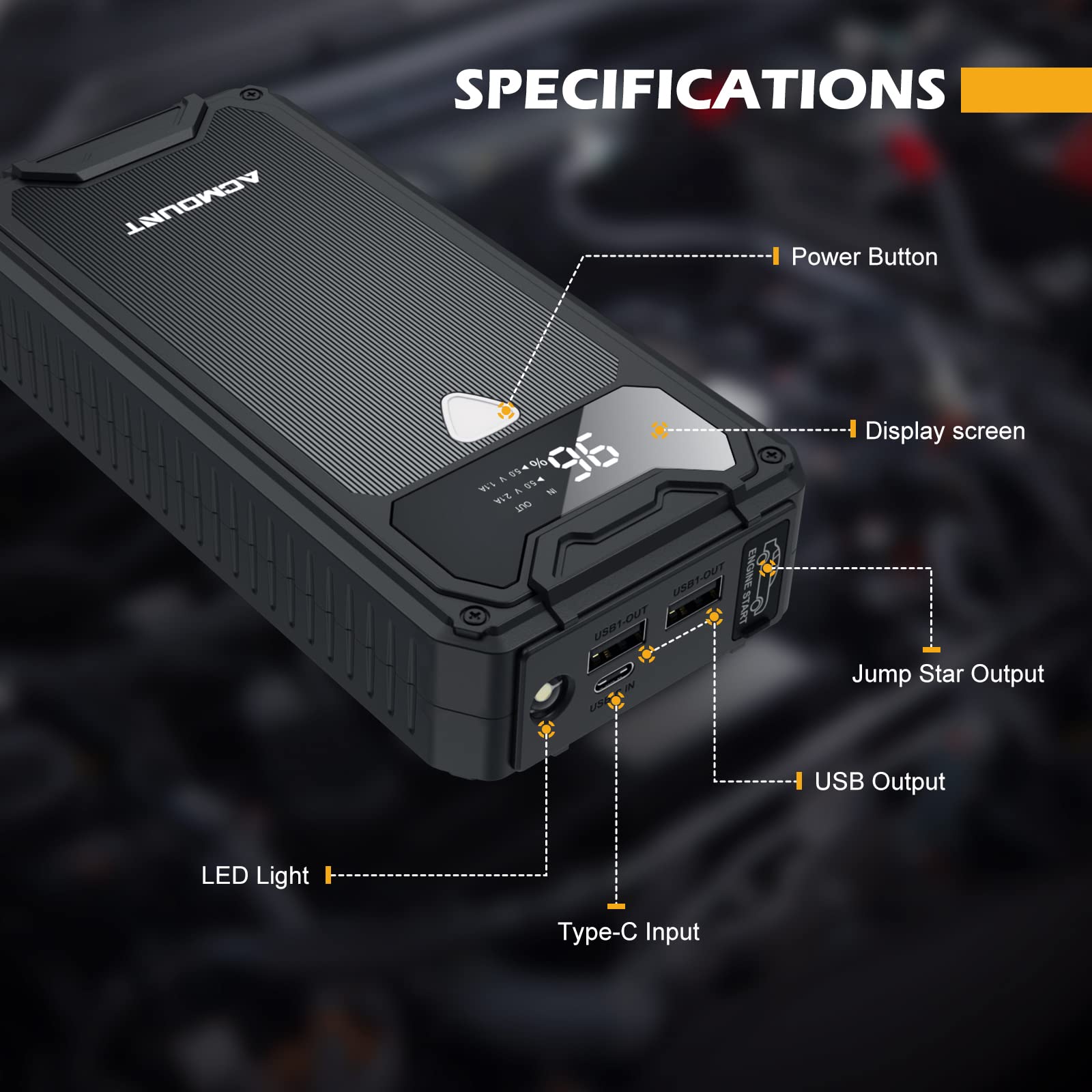 Car Jump Starter Portable, Acmount 1500A Peak Jump Starter Battery Pack for Up to 7L Gas or 6L Diesel Engine, 12V Portable Car Battery Starter with LED Display, USB Quick Charge