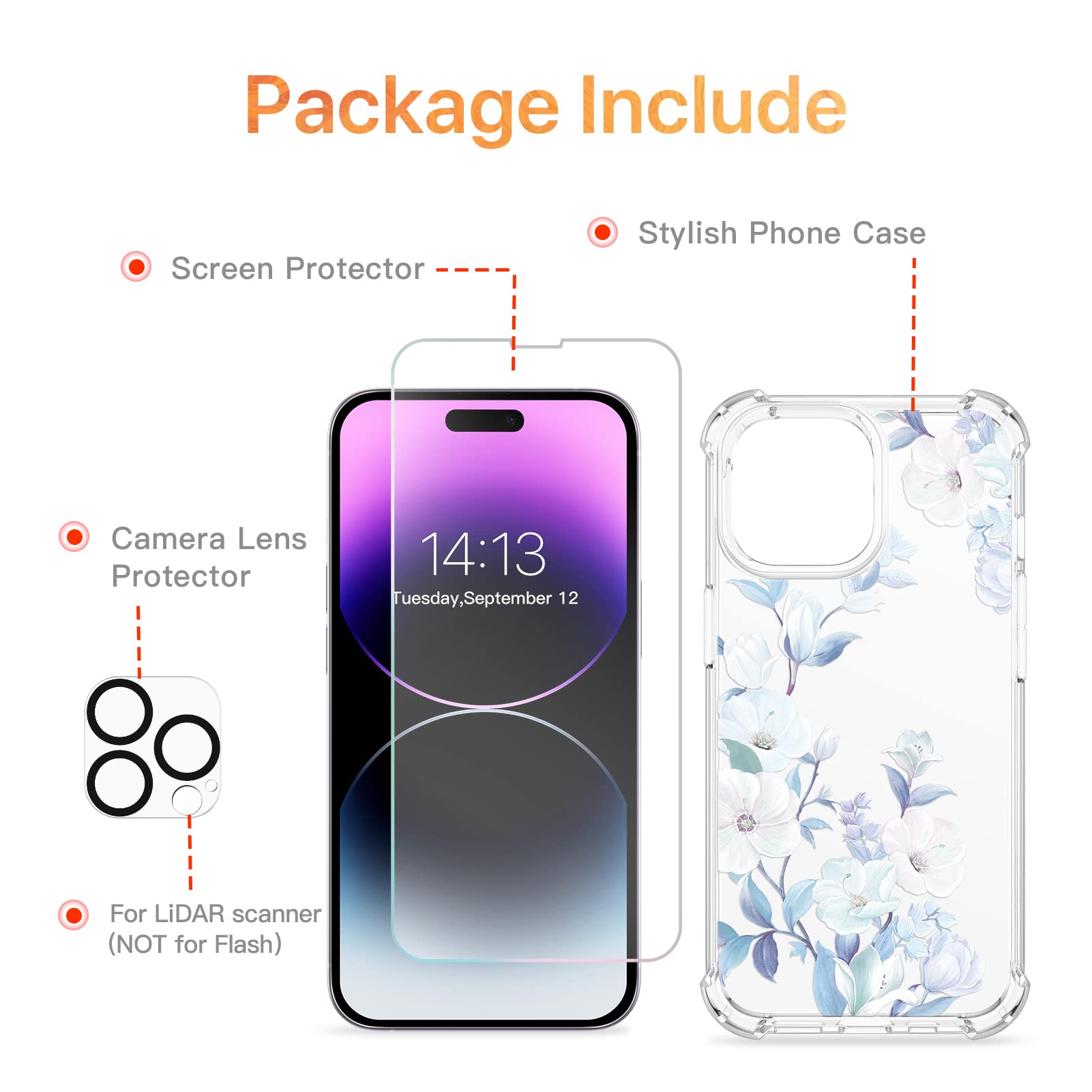 GVIEWIN Designed for iPhone 14 Pro Max Case, Screen Protector + Camera Lens Protector Flower Shockproof Clear Floral Design Protective Women Phone Cover for iPhone 14 ProMax (Hibiscus)
