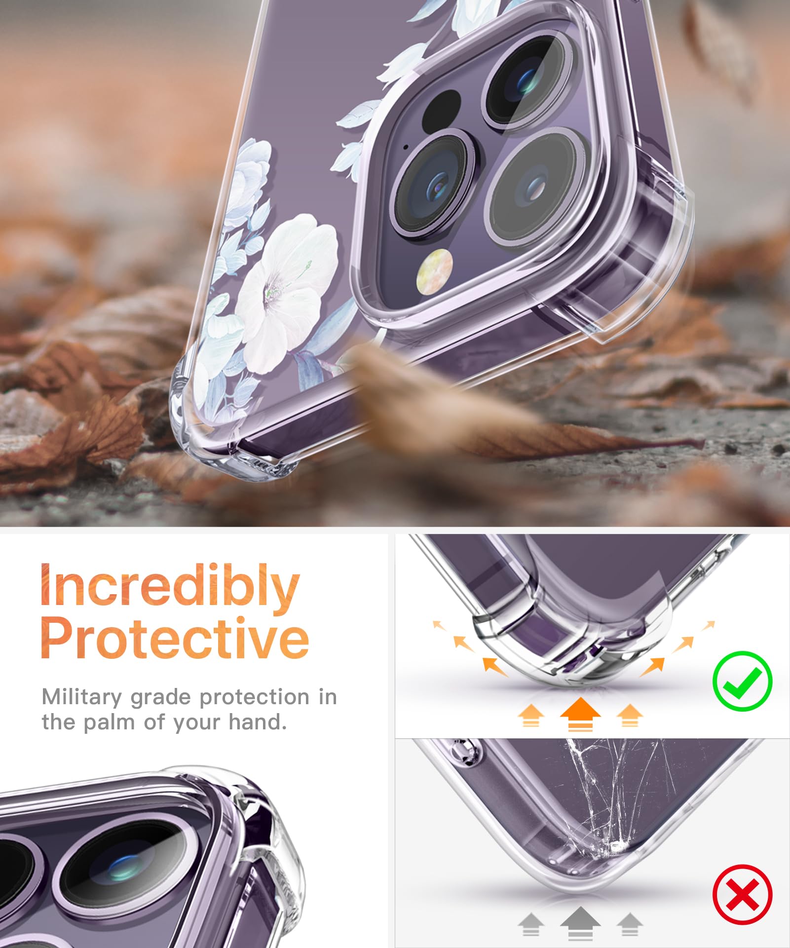 GVIEWIN Designed for iPhone 14 Pro Max Case, Screen Protector + Camera Lens Protector Flower Shockproof Clear Floral Design Protective Women Phone Cover for iPhone 14 ProMax (Hibiscus)