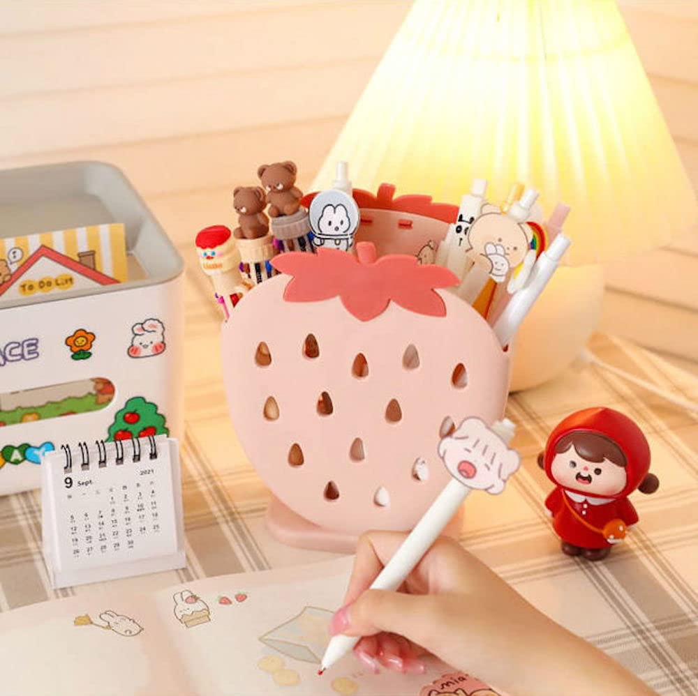 Strawberry Desk Organizer with 2 Compartments Cute Kawaii Pencil Holder Make Up Brush Holders Pen Holder for School Girls Teens Room Decor Storage and Organization (Light Pink)