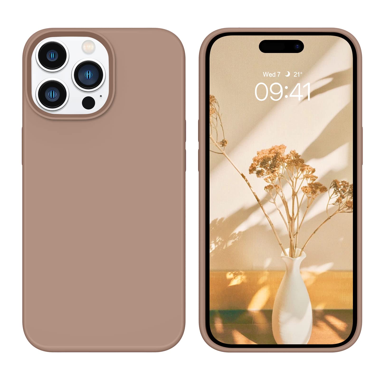 GUAGUA Compatible with iPhone 14 Pro Max Case 6.7 Inch Liquid Silicone Soft Gel Rubber Slim Microfiber Lining Cushion Texture Cover Shockproof Protective Case for iPhone 14 Pro Max, Brown