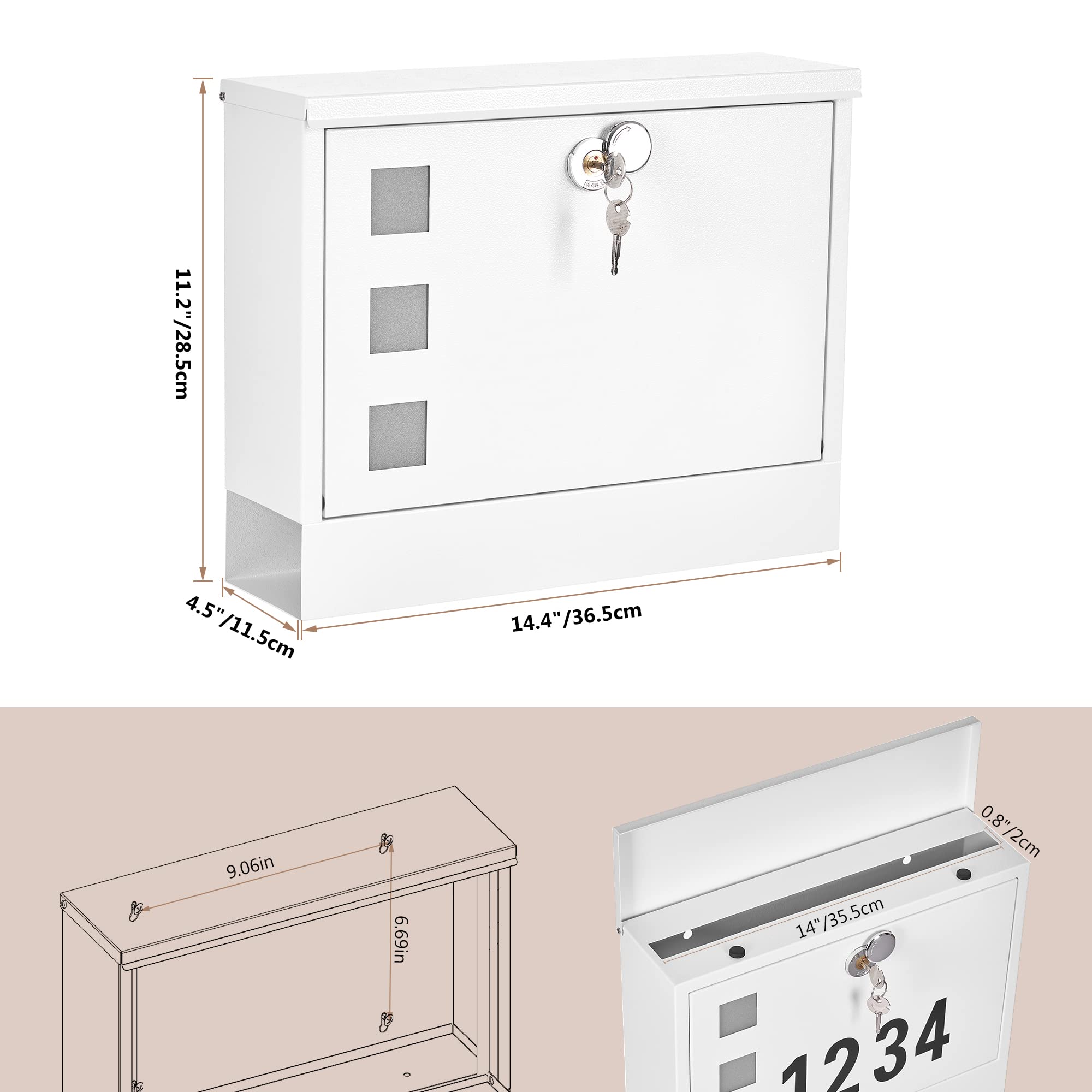 LAND·VOI Locking Mailbox Wall Mounted, Metal Postbox with Three Sets of Mail Box Number Stickers, 4 Keys, 14.4" x 4.5" x 11.2", Large Capacity, Textured White, AMB11W