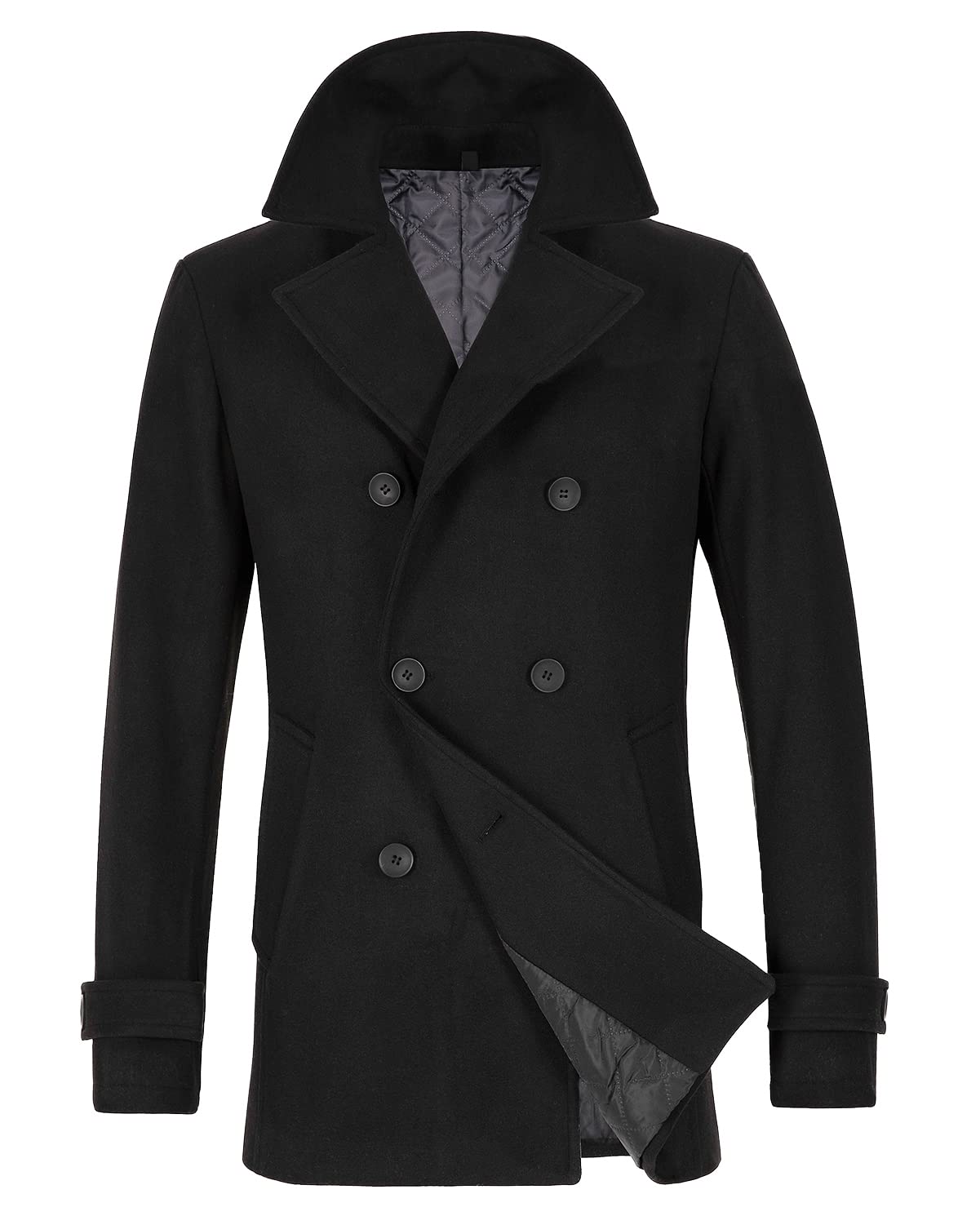 Lisskolo Men's Woolen Coat Slim Fit Winter Warm Pea Coat Wool Outwear Jacket Black XS