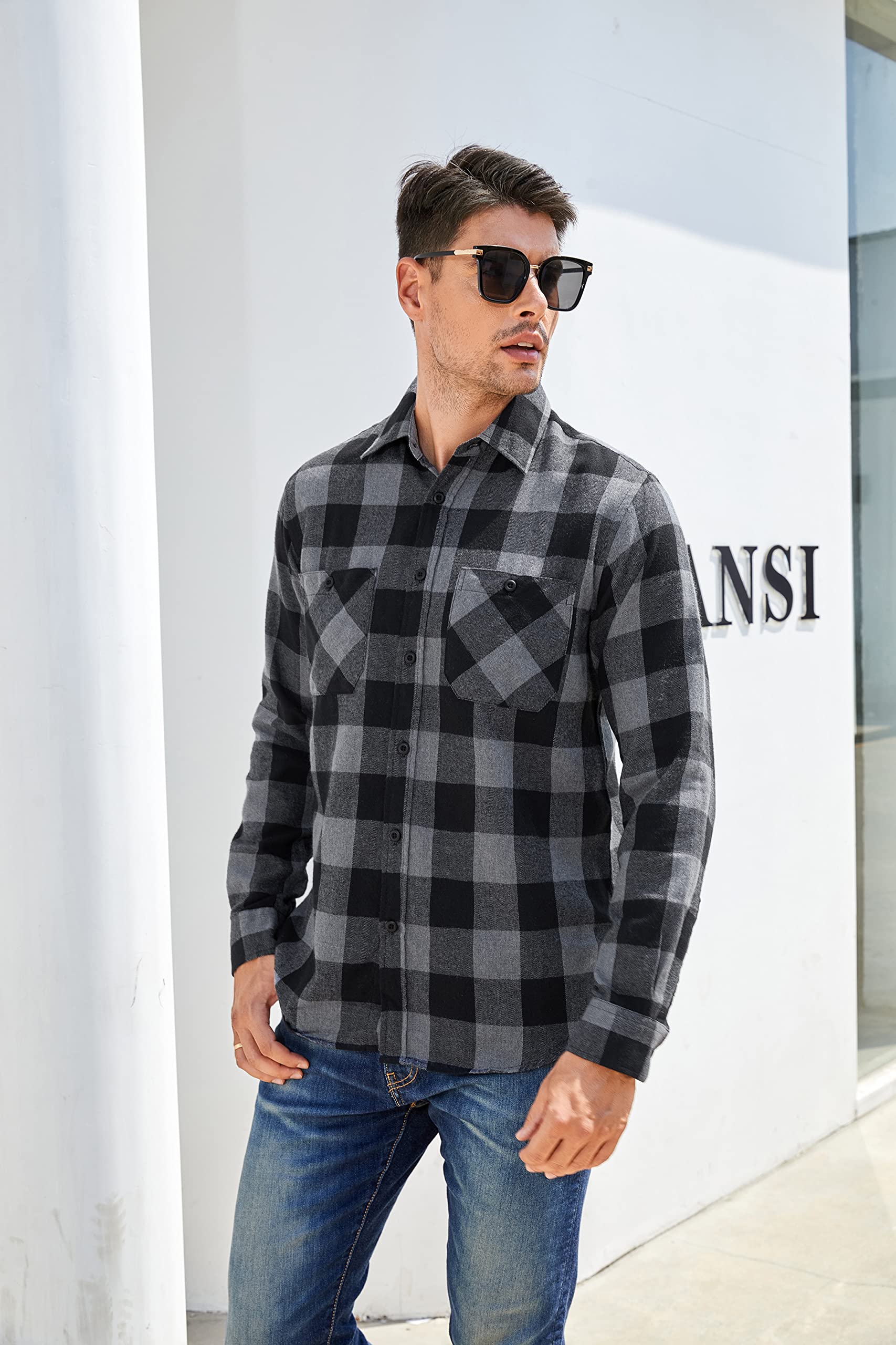 Damipow Flannel Shirt for Men Button Down Long Sleeve Shirts Plaid Flannels Men Shirt,Grey,L
