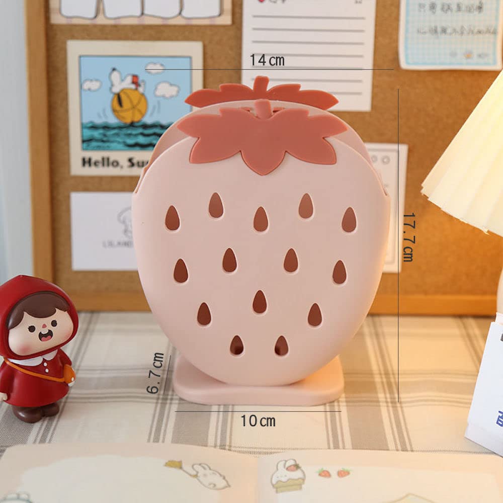 Strawberry Desk Organizer with 2 Compartments Cute Kawaii Pencil Holder Make Up Brush Holders Pen Holder for School Girls Teens Room Decor Storage and Organization (Light Pink)
