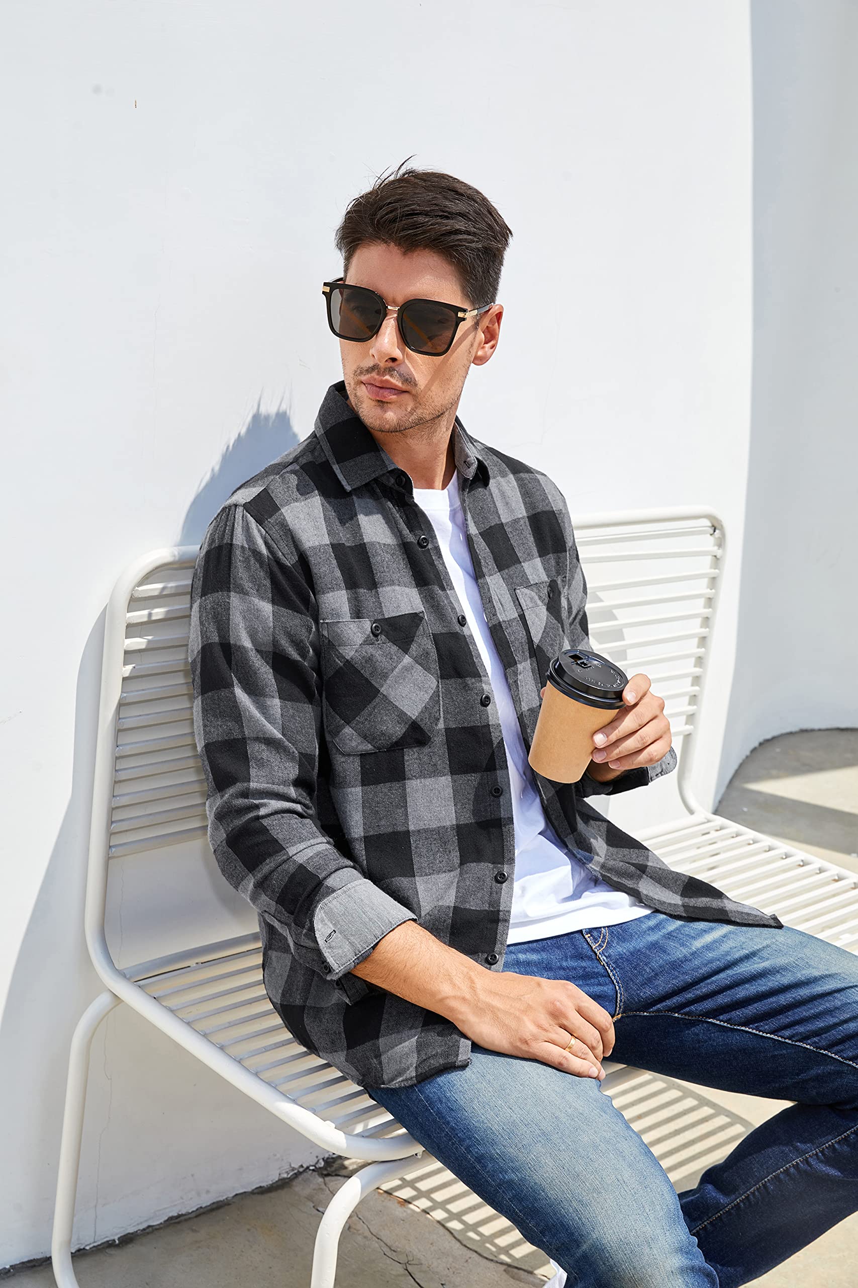 Damipow Flannel Shirt for Men Button Down Long Sleeve Shirts Plaid Flannels Men Shirt,Grey,L