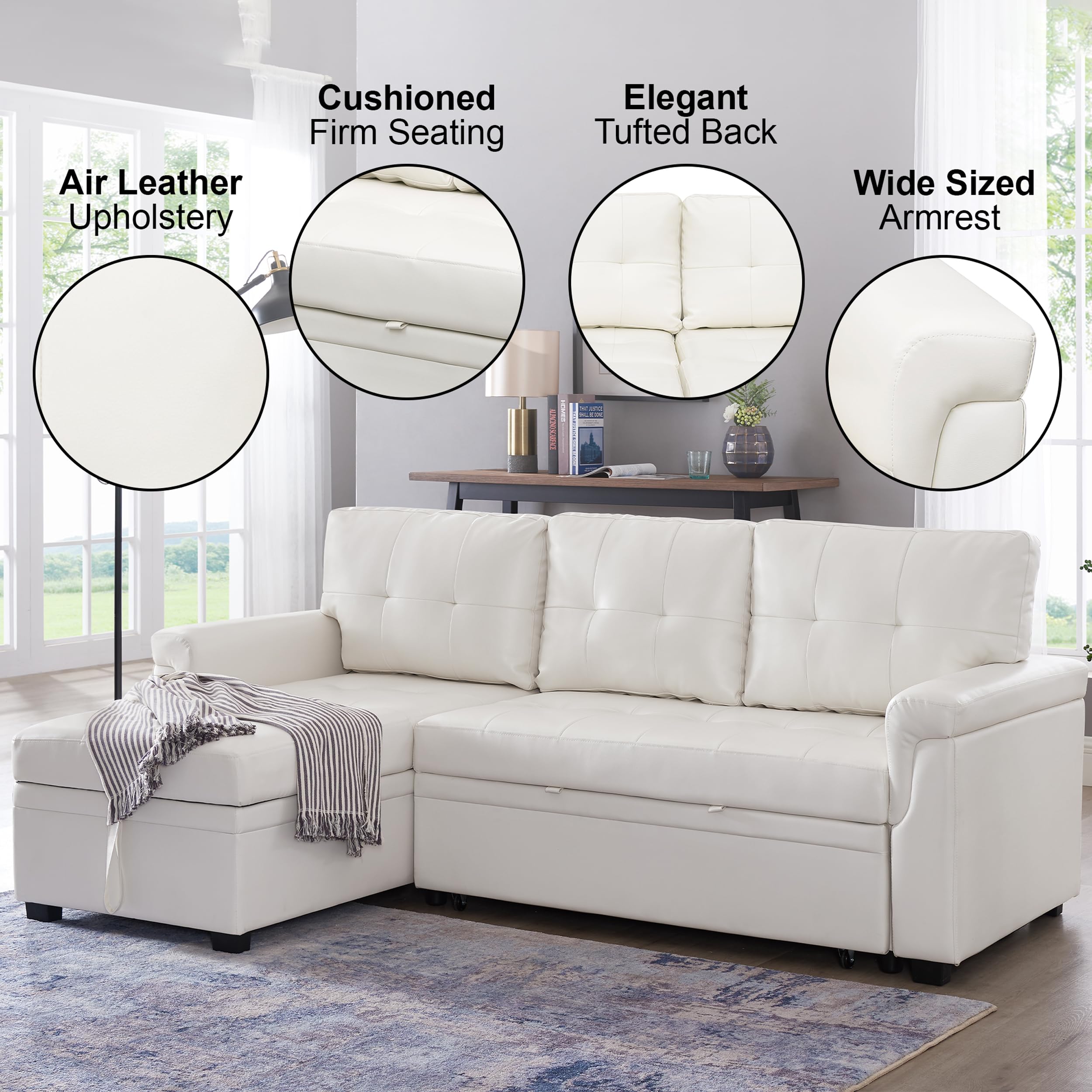 Naomi Home Transform Any Space: Sleeper Sectional Sofa with Convertible Sofa Bed & Inviting Chaise. Find Tranquil Comfort with Stress-Relieving Design & Durable Cushions - White/Air Leather