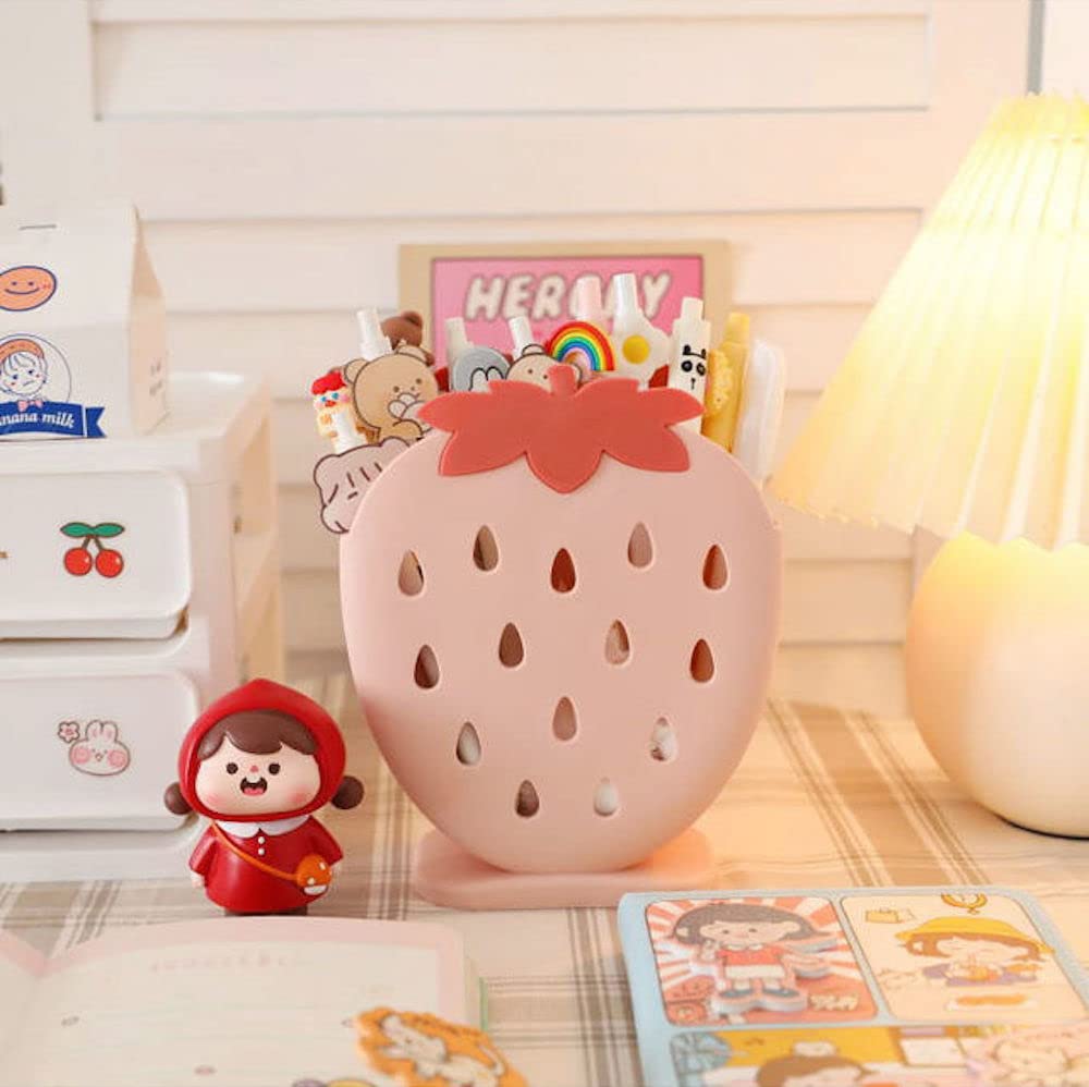 Strawberry Desk Organizer with 2 Compartments Cute Kawaii Pencil Holder Make Up Brush Holders Pen Holder for School Girls Teens Room Decor Storage and Organization (Light Pink)