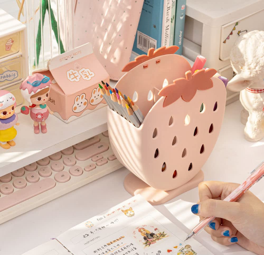 Strawberry Desk Organizer with 2 Compartments Cute Kawaii Pencil Holder Make Up Brush Holders Pen Holder for School Girls Teens Room Decor Storage and Organization (Light Pink)