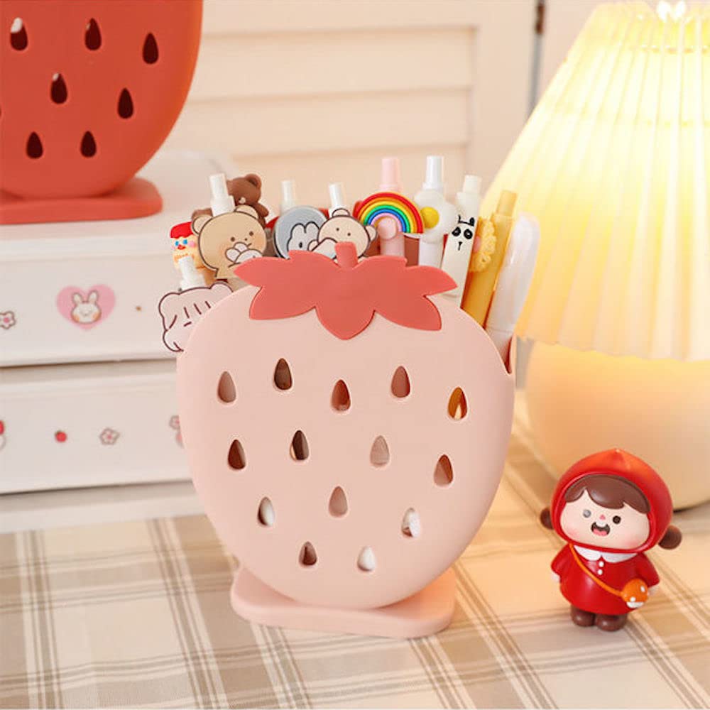Strawberry Desk Organizer with 2 Compartments Cute Kawaii Pencil Holder Make Up Brush Holders Pen Holder for School Girls Teens Room Decor Storage and Organization (Light Pink)