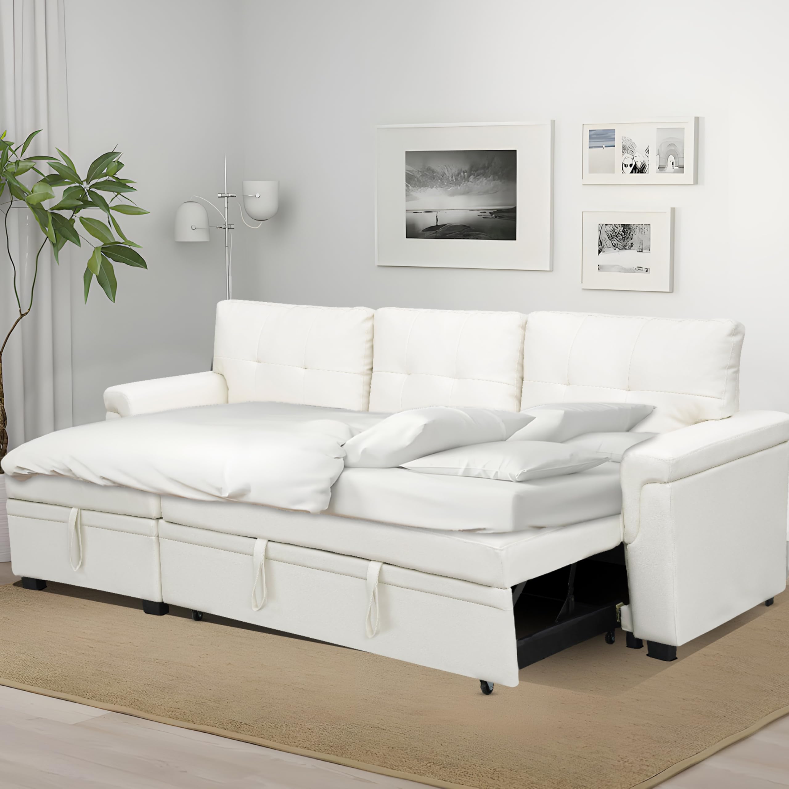 Naomi Home Transform Any Space: Sleeper Sectional Sofa with Convertible Sofa Bed & Inviting Chaise. Find Tranquil Comfort with Stress-Relieving Design & Durable Cushions - White/Air Leather