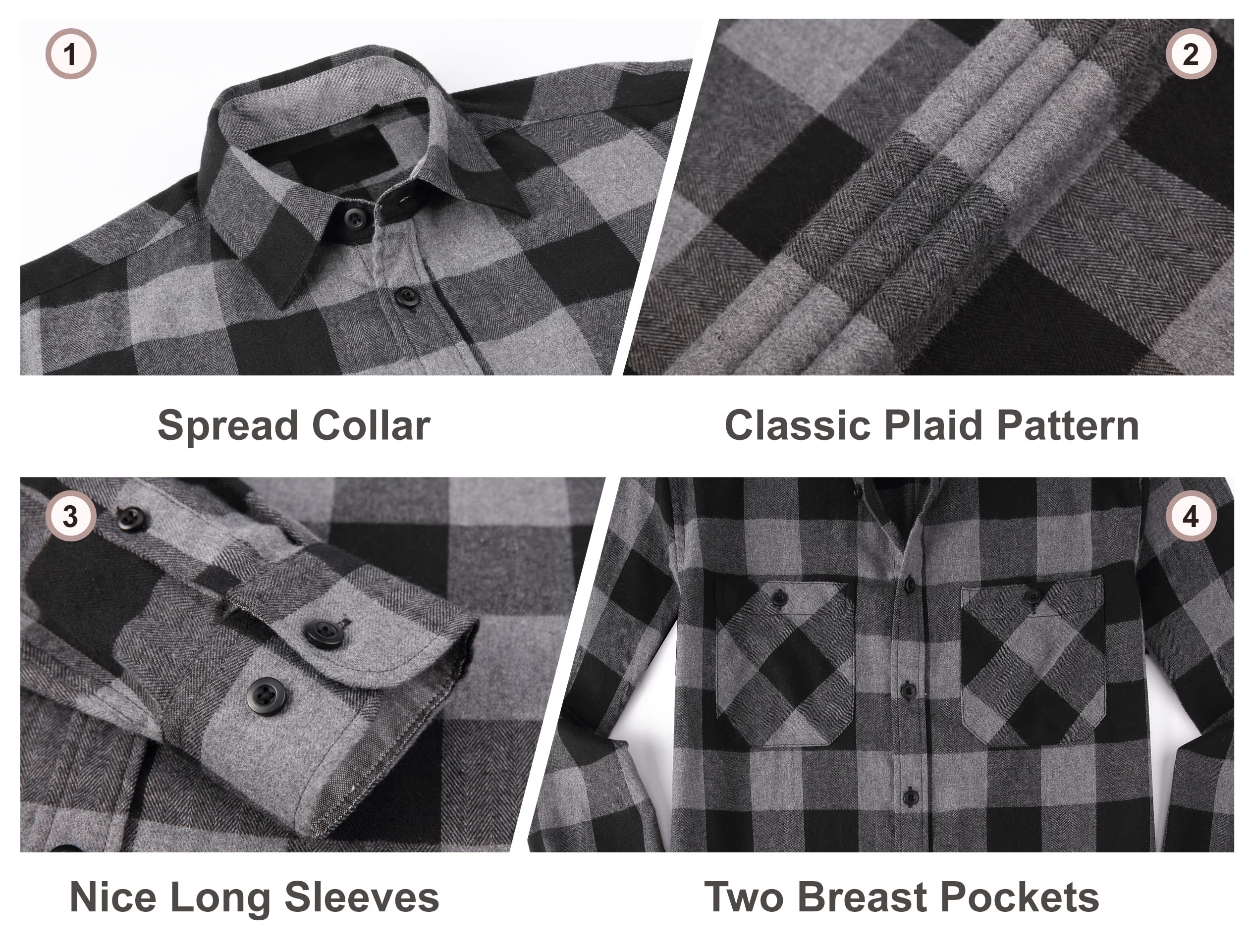 Damipow Flannel Shirt for Men Button Down Long Sleeve Shirts Plaid Flannels Men Shirt,Grey,L