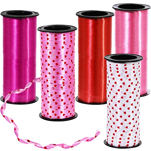 Supla 5 Rolls Red Hearts Printed Curling Ribbon Trim Decorative Party Balloon Ribbons Curling Ribbon Spools Gift Wrapping in Red Fuchsia Pink White 0.2" 5mm Wide for Valentine's Day Crafts
