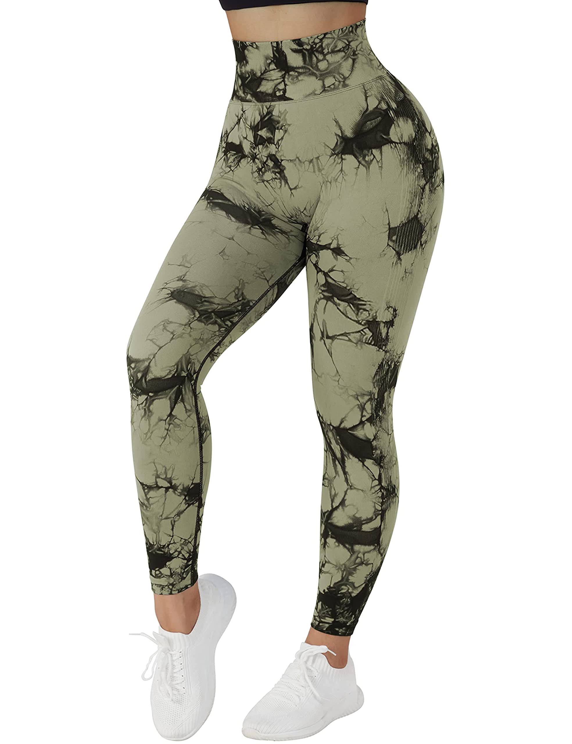 RXRXCOCO Women Scrunch Butt Lifting Leggings Seamless High Waisted Leggings Tummy Control Yoga Pants Compression Workout Tights Medium Tie Dye Green