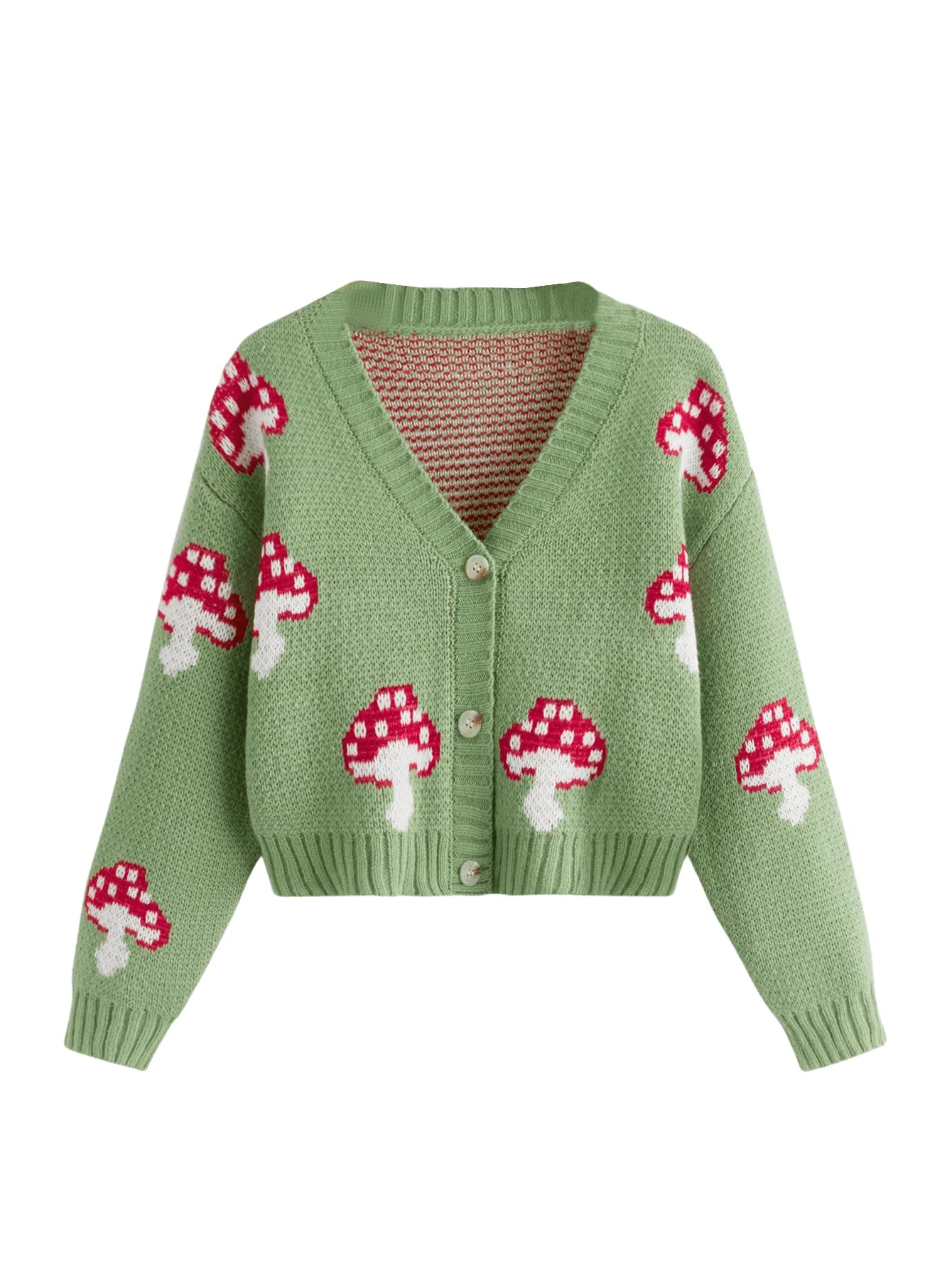 SweatyRocks Girl's Cute Graphic Print V Neck Sweater Button Down Knitted Cardigan Top Green 11-12Y