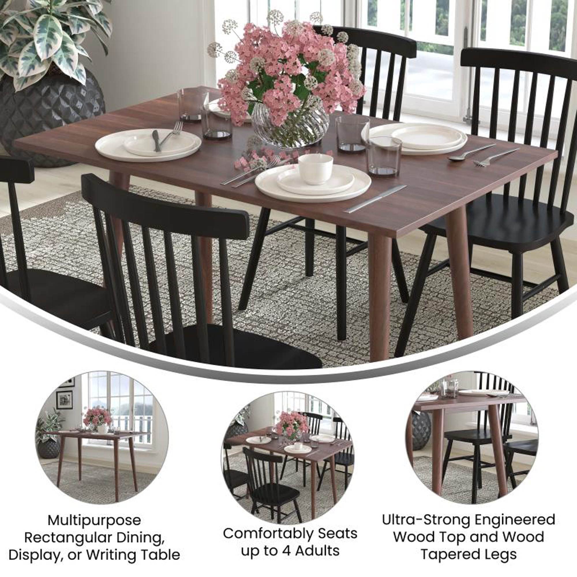 Flash Furniture Hatfield Mid-Century Modern Dining Table - Dark Walnut Engineered Wood Kitchen Table - 47 Inches - Tapered Wood Legs - Seats up to 4 Adults