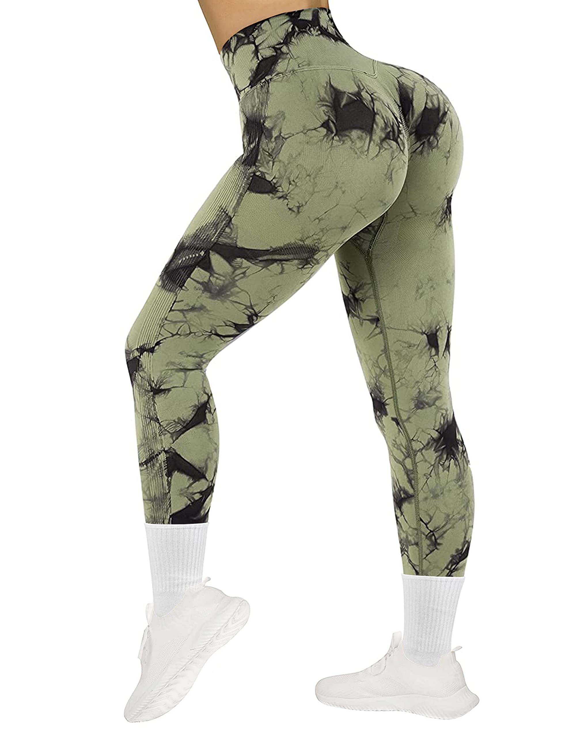 RXRXCOCO Women Scrunch Butt Lifting Leggings Seamless High Waisted Leggings Tummy Control Yoga Pants Compression Workout Tights Medium Tie Dye Green