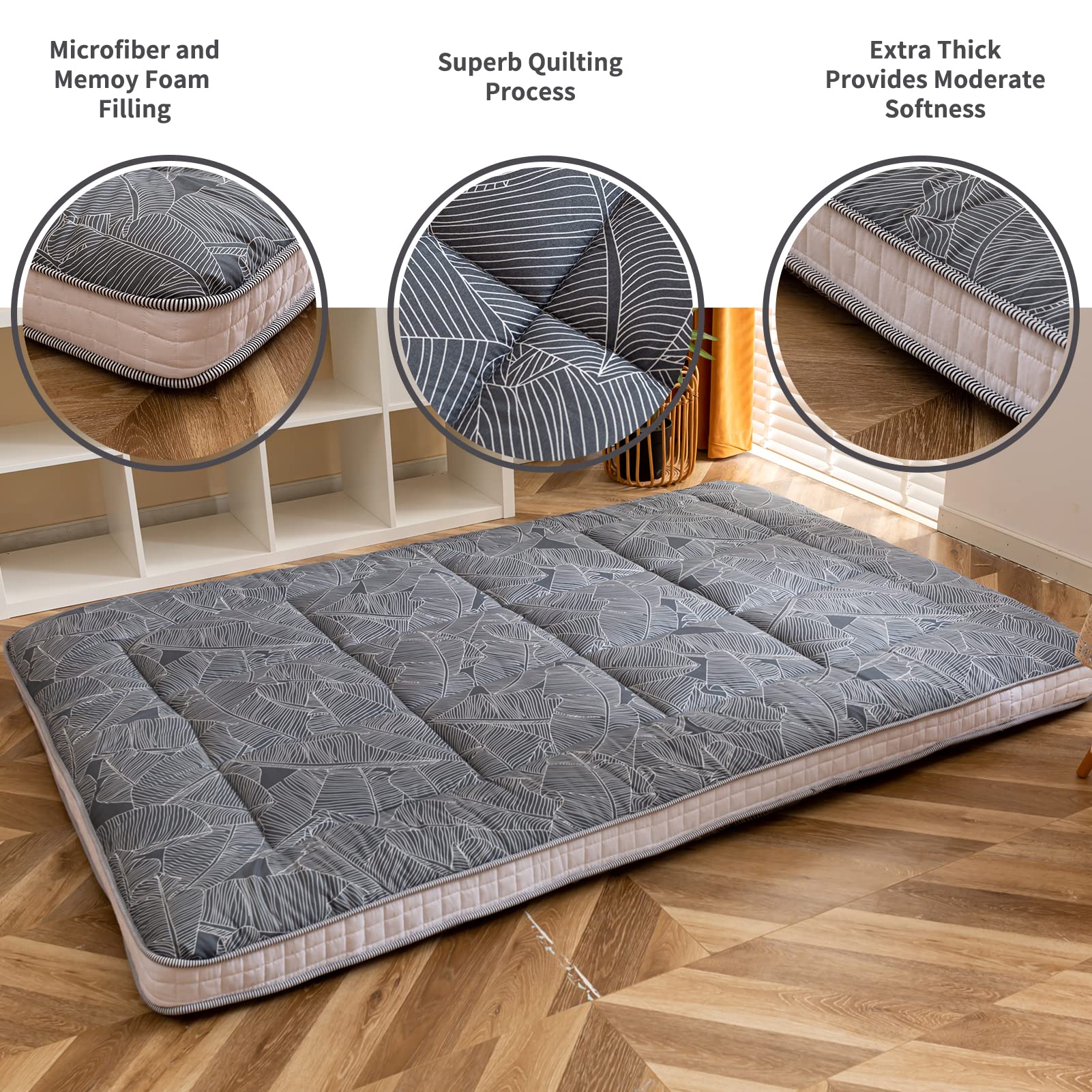 Extra Thick Futon Floor Mattress, Padded Japanese Folding Roll Up Mattress Sleeping Pad, Foldable Camping Portable Mattress Shikibuton, Bed Mattress Topper, Floor Lounger Guest Bed for Couch Car